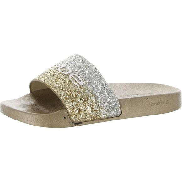 bebe | Shoes | Bebe Womens Fraida Gold Glitter Logo Pool Slide Sandals ...